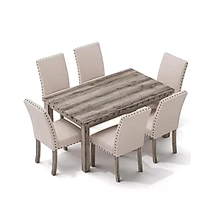 Morden Fort 7 Piece Rustic Wooden Dining Set, Mid-Century Modern Table & Chair Set for Spacious Dining Rooms and Entertaining Guests