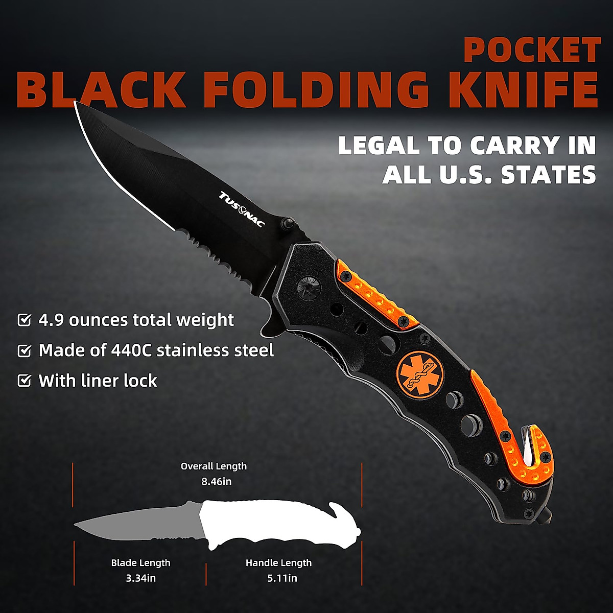 3.34″ Folding Pocket Knife Survival Knife, Serrated Blade Tactical Knife, Glass Breaker, Seatbelt Cutter, Pocket Clip, Self Defense knife with Liner Lock, For Hunting Camping Fishing Hiking