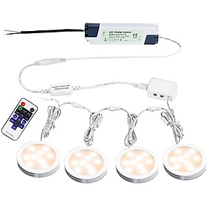AIBOO Linkable LED Under Cabinet Lights Direct Wired 12V Slim Aluminum Dimmable Puck Lights with RF Remote Control for Accent Lighting (4 Lights, Warm White, NO Wall Plug)