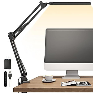 TROPICALTREE LED Desk Lamp, Swing arm Desk Light with clamp, 3 Lighting 10 Brightness Eye-Caring Modes, Reading Desk Lamps for Home Office 360 Degree Spin with USB Adapter & Memory Function black-14W