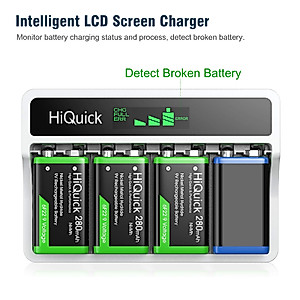 HiQuick 9 Volt Charger, 4 Bay LCD 9V Charger for 9V NiMH NiCD Li-ion Rechargeable Battery