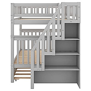 UBGO Full Over Full Bunk Bed with Pull Out Trundle Bed and Storage Stairs, Safety Rails, Full Size Bunk Bed for Kids Teens Adults, Space Saving, Easy to Assemble, Grey