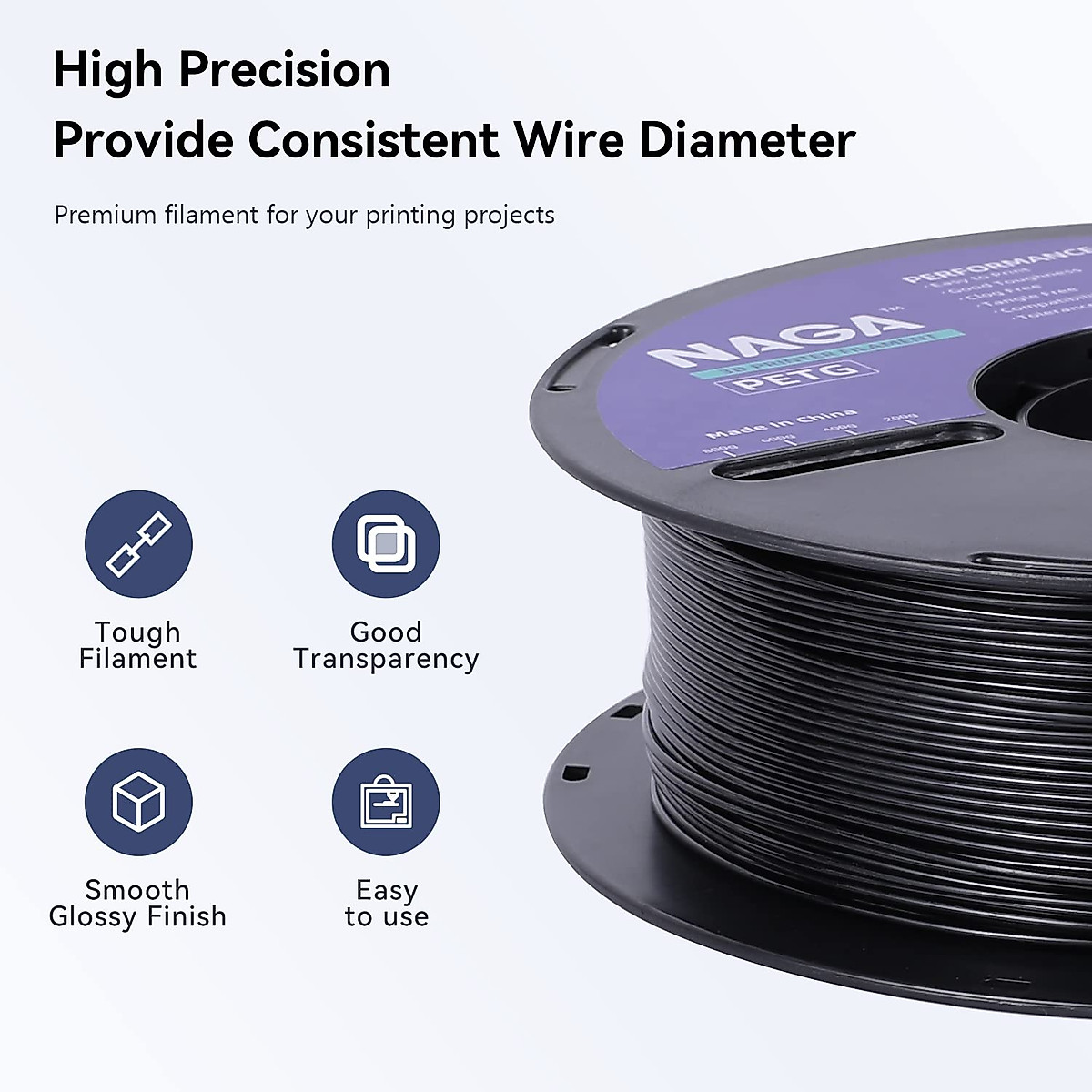 NAGA PETG Filament 1.75mm, Durable PETG 3D Printer Filament, 1kg Spool(2.2lbs), Dimensional Accuracy +/- 0.02 mm, Black
