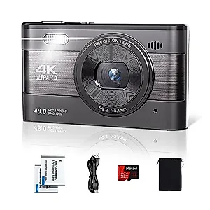 4K Digital Camera for Photography, 48MP Vlogging Camera with SD Card, 2.8'' Flip Screen Compact Camera with Flash, 18X Digital Zoom Travel Camera (2 Batteries)