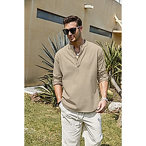 COOFANDY Mens Cotton Linen Henley Hippie Casual Beach T Shirt, Khaki, Medium, Long Sleeve