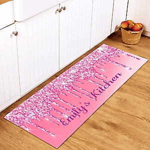 BEYODD Personalized Kitchen Room Mat and Rug, Custom Floor Mat Anti-Slip Rugs for Kitchen, Floor Home, Office, Store, Laundry Hot Pink Dripping Glitter, 48x17 ''