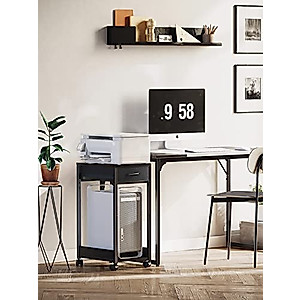 KKL Printer Stand with Storage, Computer Tower Stand with Drawer, Mobile PC Tower Stand Under Desk, CPU Stand Wood Desktop Stand for Home Office, Black & Dark Grey