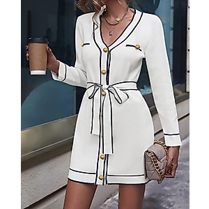 Pink Queen Womens Sexy V Neck Bodycon Sweater Dress Casual Long Sleeve Button Up Open Front Color Patchwork Tie Waist Cardigan Outerwear White L