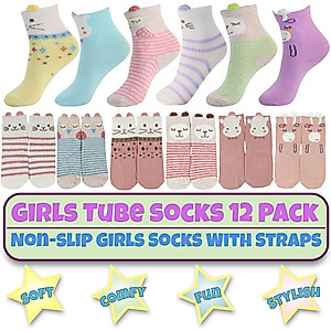 Tiny Captain Baby Toddler Girls Animal Grip Socks Tube Socks Anti-Slip Cartoon Sock (1-3T, Pink and Pastel - 12 Pairs)
