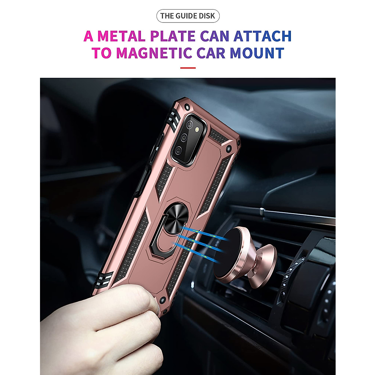 PUSHIMEI Galaxy A03S Case, Military Grade 16ft Drop Tested, Ring Holder Kickstand, with Screen Protector - Rose Gold