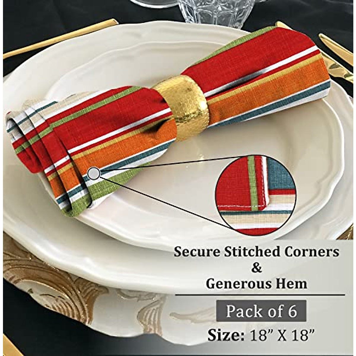 Ruvanti Cloth Napkins Set of 6 Cotton 100%, 18x18 Inches Napkins Cloth Washable, Soft, Absorbent. Cotton Napkins for Parties, Christmas, Thanksgiving, Weddings, Dinner Napkins Cloth - Multi Stripe