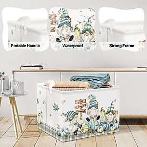 Clastyle Blue Pumpkin Gnome Thanksgiving Basket Harvest Buffalo Plaid Truck Maple Leaf Fall Gift Bin Farm Autumn Shelf Basket for Clothes Toy Book