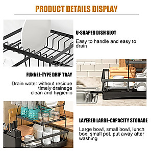7 code 3-Tier Large Dish Racks for Kitchen Counter,Dish Drying Rack,Detachable Large Capacity Dish Drainer Organizer with Utensil Holder, Cup Holder,Dish Drying Rack with Drain Board ,Black