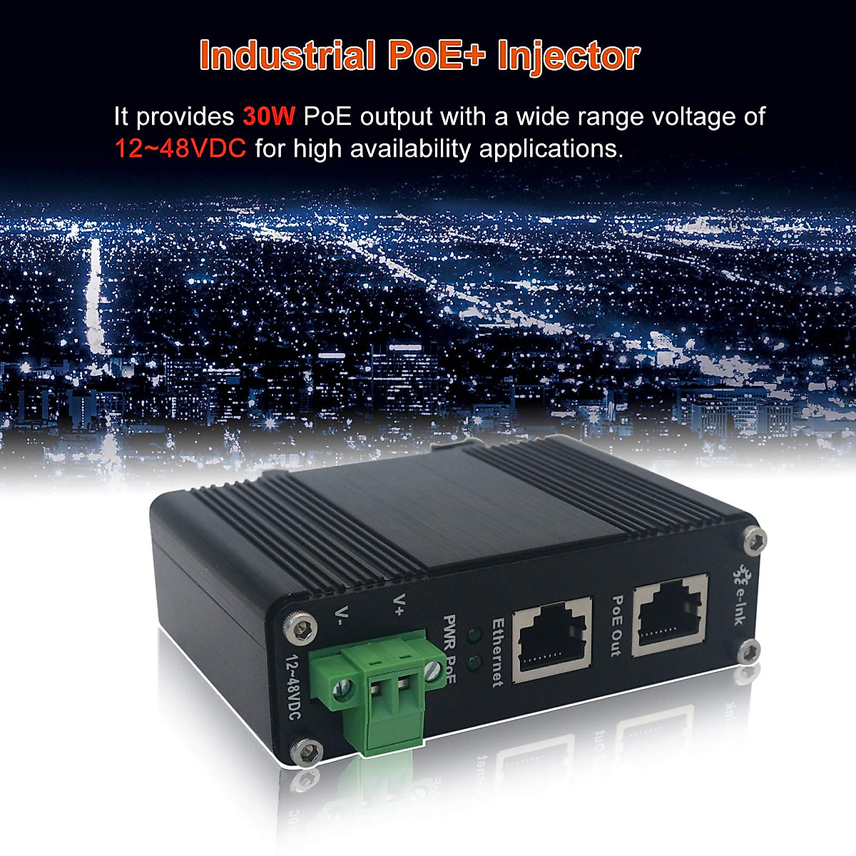 E-link Hardened Industrial Gigabit PoE+ Injector, 12~48V Input PoE+ Adapter, IEEE802.3af/at 30W Output up to 328ft, Din-Rail and Wall-Mount Installation