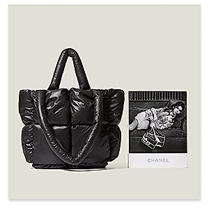 Large Puffer Tote Bag, Lightweight Quilted Cotton Padded Designer Handbags for Women, Luxury Winter Soft Puffer Shoulder Bag (Black)