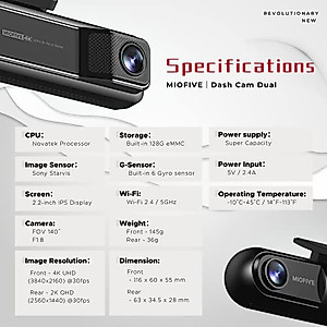 Miofive Front and Rear Dash Camera, 4K + 2K Dual Dash Cam with 5G WiFi, GPS, Speed, 2160 UHD Recorder, Built-in 128G eMMC Storage, Night Vision, Motion Detection, G Sensor Powered by Super Capacitor