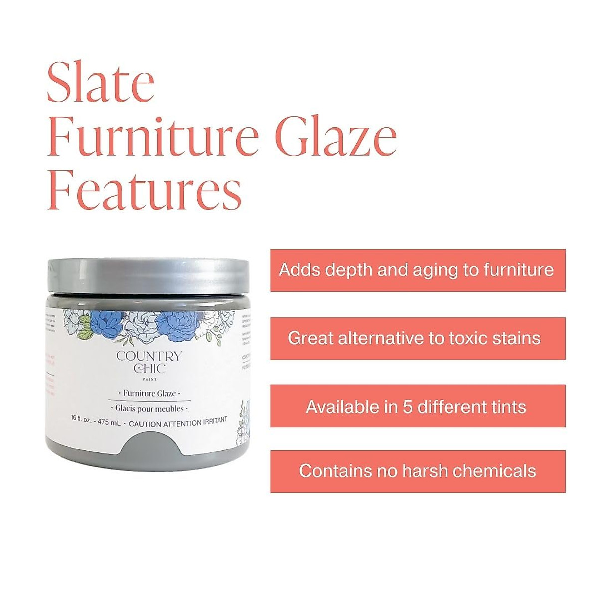 Furniture Glaze - Antique Patina Special Effects Glaze for Chalk Style Furniture Paint, Eco-Friendly Wood Stain, 6 Color Choices - Slate [Grey] - Pint (16 oz)