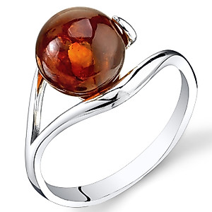 PEORA Genuine Baltic Amber Round Solitaire Ring for Women 925 Sterling Silver, Rich Cognac Color, Size 9
