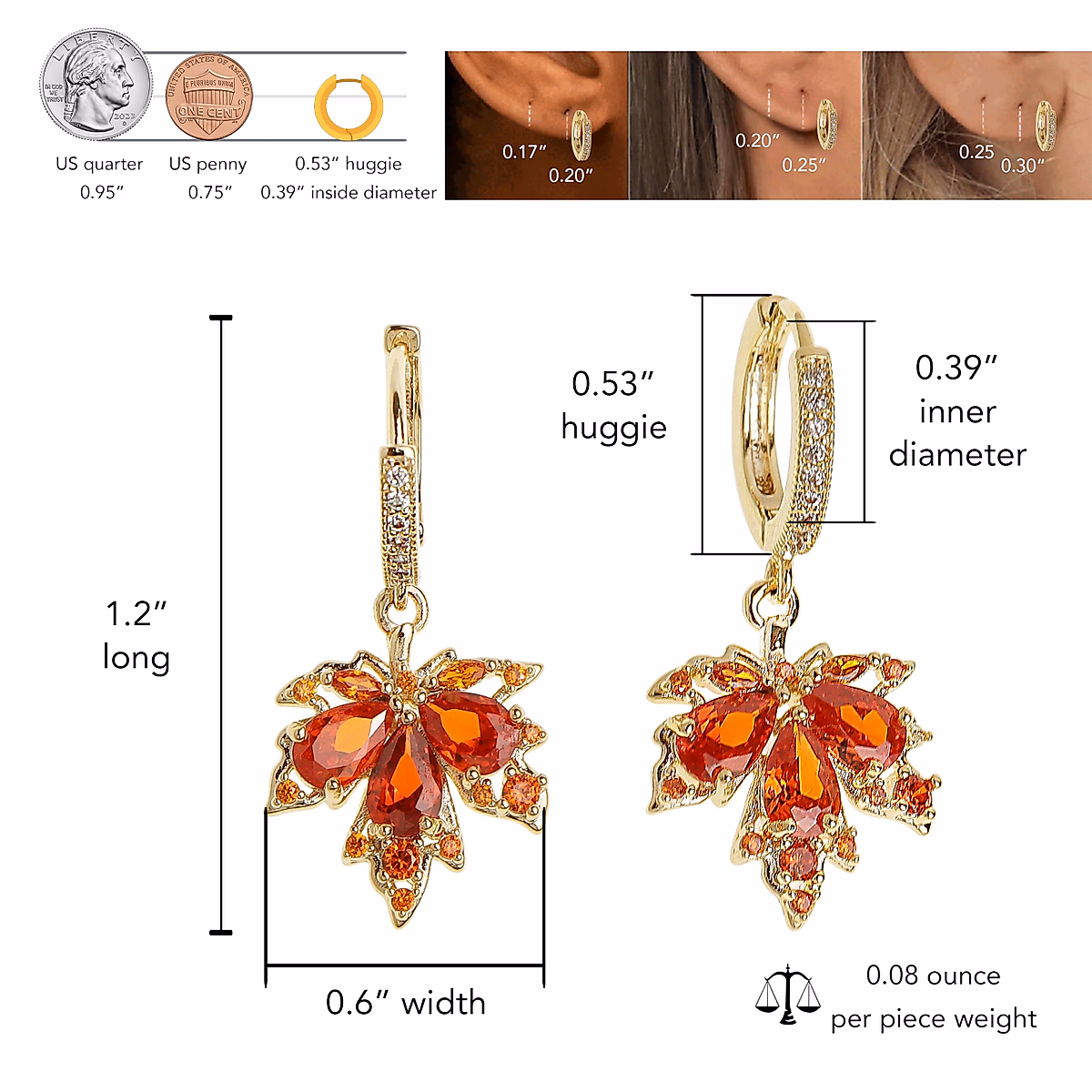 Sonateomber Orange Maple Leaf Dangle Drop Small Gold Hoop Huggie Earrings for Women, Cute Sparkly Crystal Cubic Zirconia Rhinestone Fall Autumn Holiday Accessories Jewelry Gift