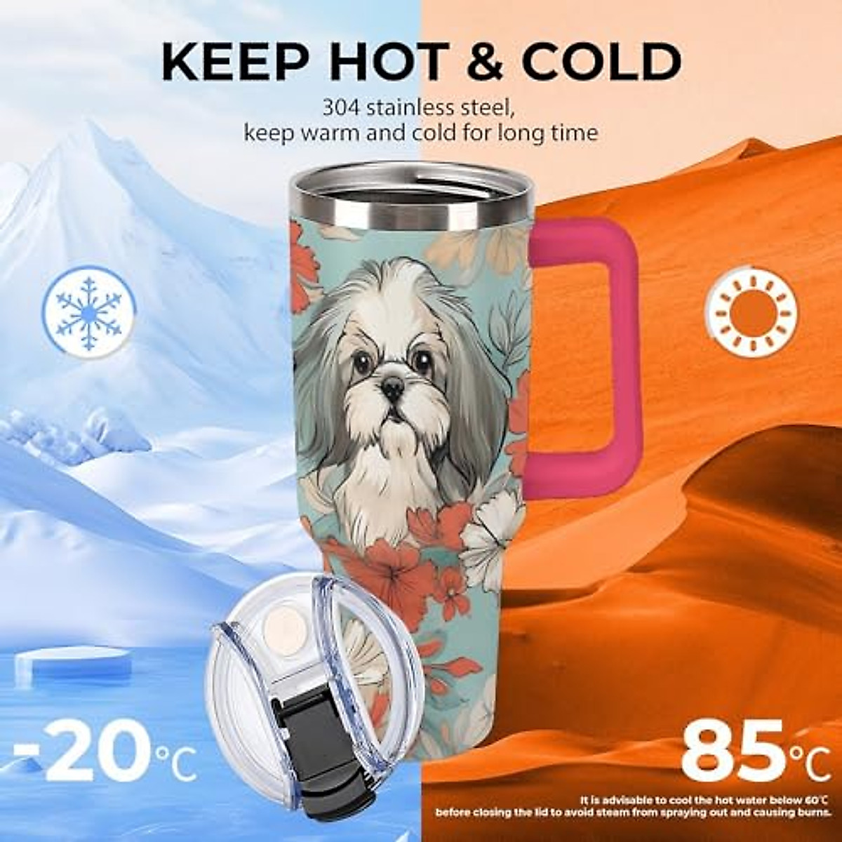 Shih Tzu 40 Oz Car Cup Stainless Steel Travel Mug Leak-Proof Insulated Tumbler with Handle Light Rose Red-style