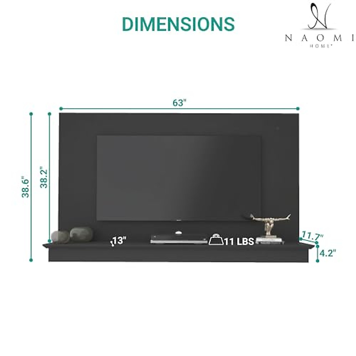 Naomi Home Deborah Floating Entertainment Center for up to 55 inch TVs, TV Wall Panel with LED Strip and Shelf, Floating TV Stand, Black