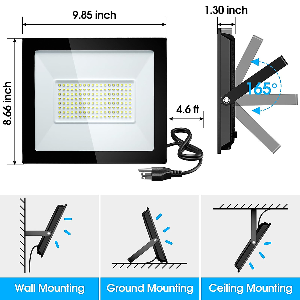 Yolovis Flood Lights Outdoor with Plug,100W 10000LM Super Bright LED Work Light,IP66 Waterproof Security Light,Outside Floodlight for Garage,2 Pack