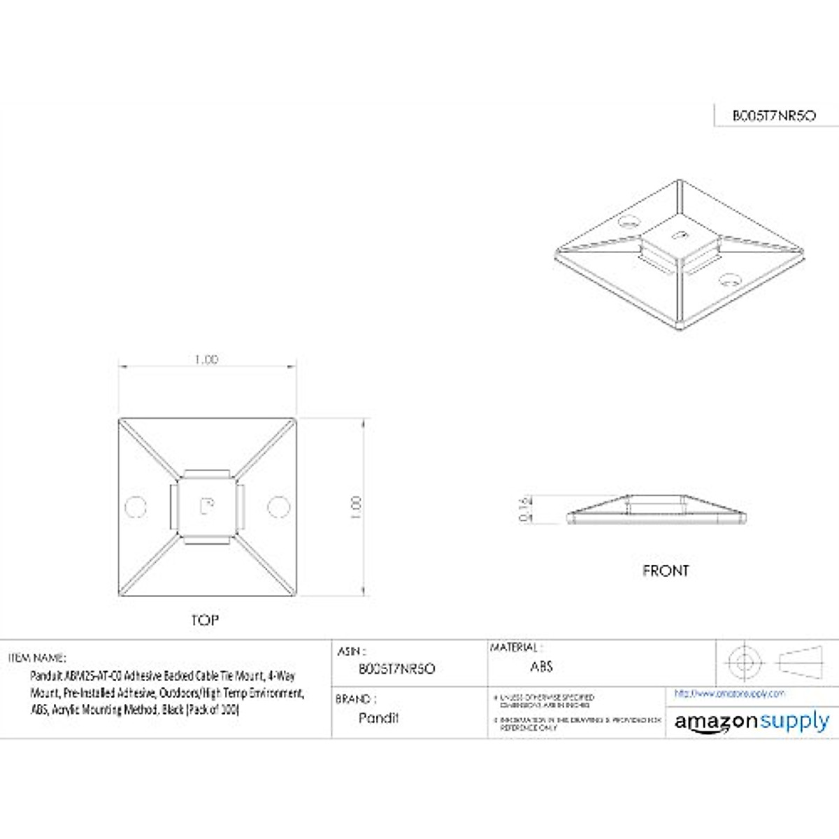 Panduit ABM2S-AT-D0 Cable Tie Mount, Adhesive Backed, High Temperature, 4-Way, Weather Resistant ABS, Black (500-Pack)