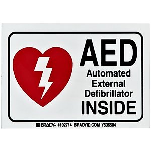 Brady 102714 3-1/2" Width x 5" Height B-302 Polyester, Red and Black on White AED Label, Legend "AED Automated External Defibrillator"