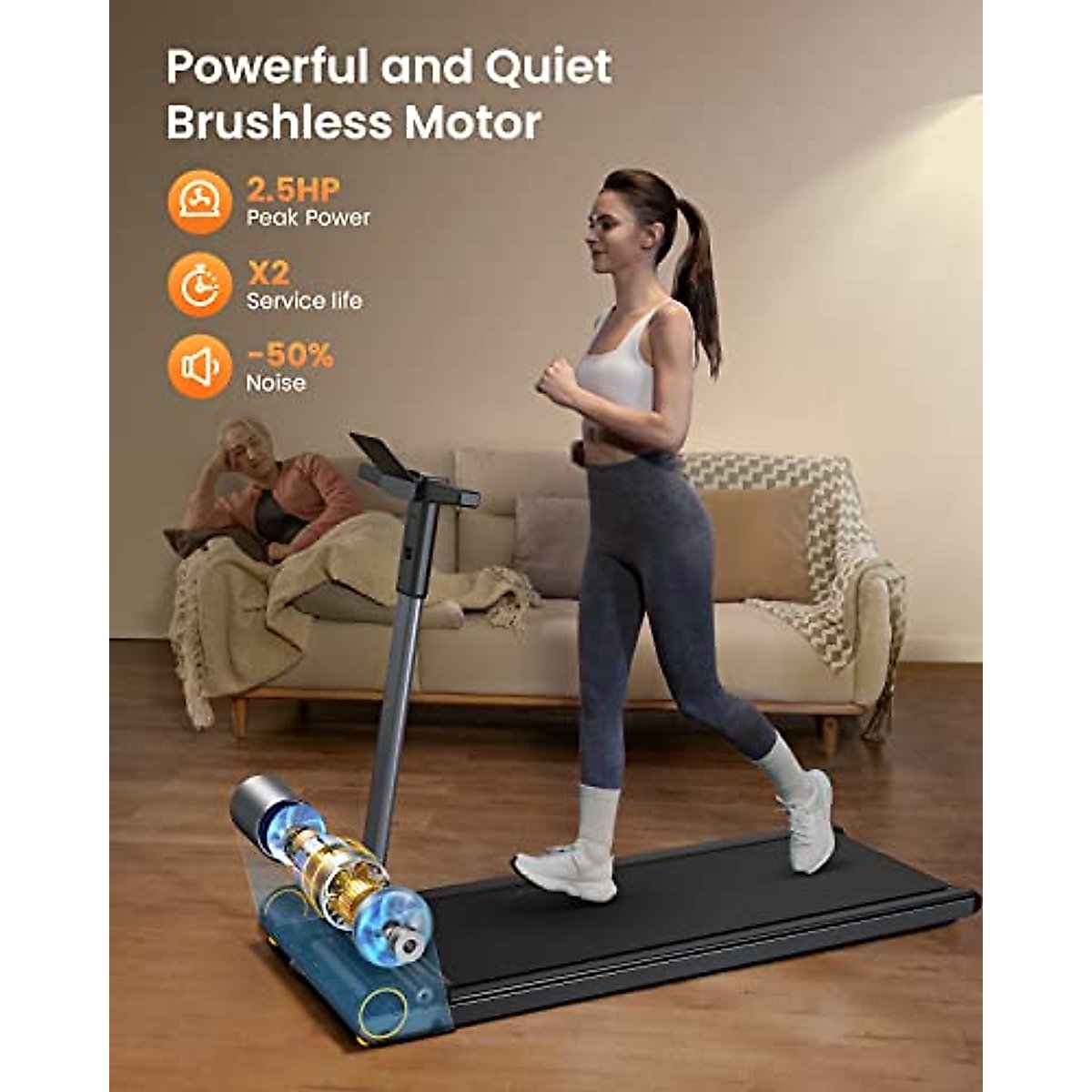 UREVO Under Desk Treadmill, Foldable Treadmill with APP, Folding Treadmill with Touch Screen, 2.5HP Walking Treadmill Under Desk, Walking pad Treadmill for Office with Handrail Black