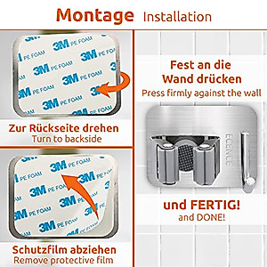 ECENCE 4x Broom Holder Self-Adhesive with Hook, Mop Hanger Wall Mount, Garden Tool Rack, Garage Storage Systems, Laundry Kitchen Tool Organizer Silver