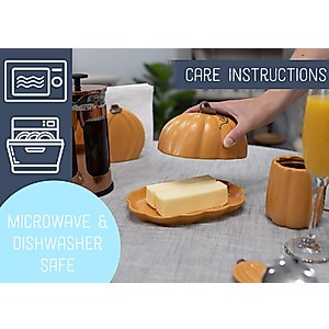 Nat & Jules Pumpkin Shaped 8 x 6 Inch Ceramic Scalloped Covered Lid Butter Dish: Perfect for decorating table settings for Thanksgiving, Halloween & Indoor Fall Décor, Orange