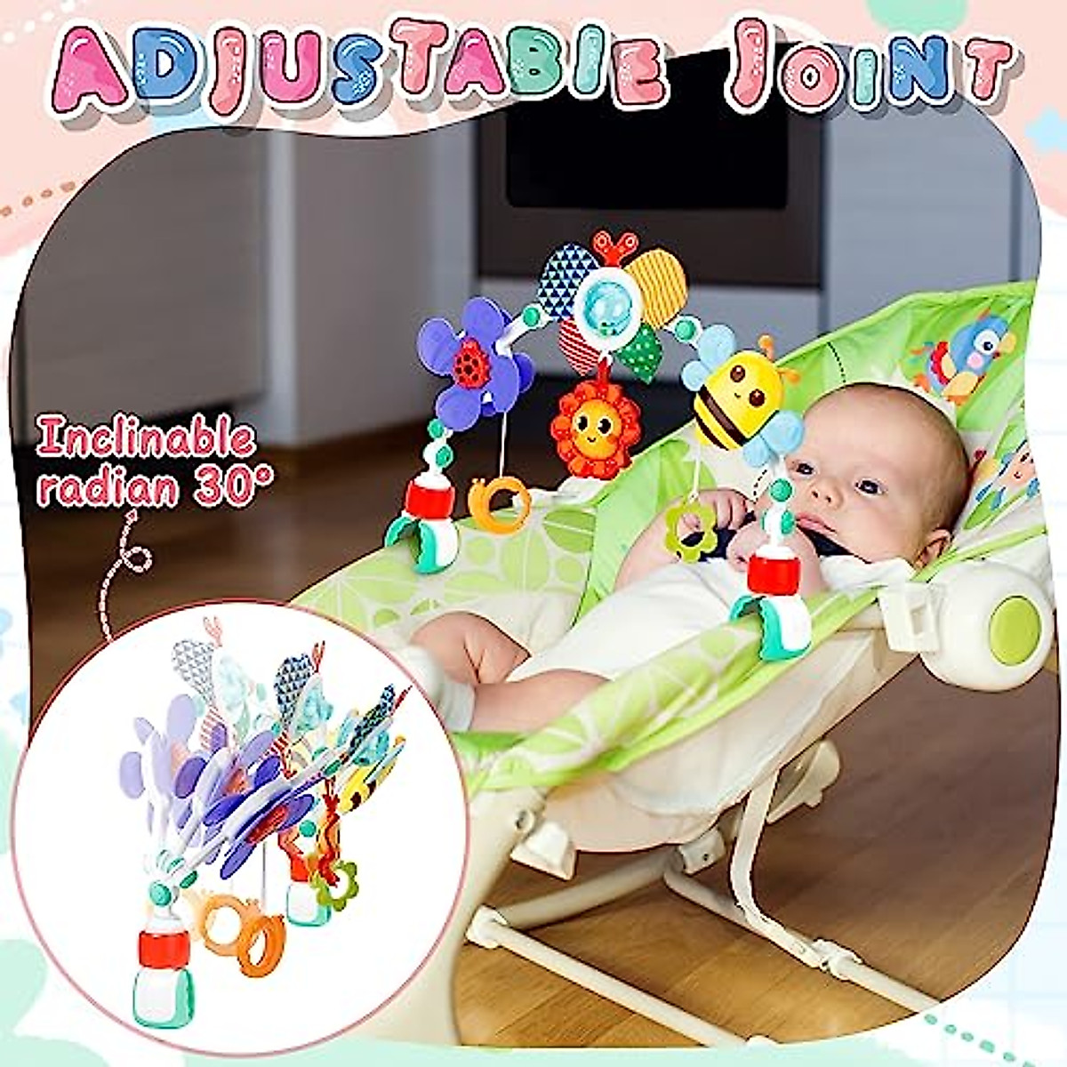 Baby Stroller Arch Toy, Adjustable Baby Stroller Car Seat Toys for Babies 0-6 months, Montessori Sensory Infant Travel Crib Bouncer Bassinet Activity Arch Toys for Toddler Boy Girl 0 3 6 9 12 Months