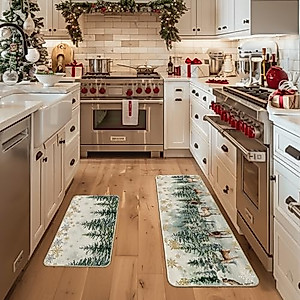Artoid Mode Xmas Trees Deer Snowflakes Christmas Kitchen Mats Set of 2, Winter Home Decor Low-Profile Kitchen Rugs for Floor - 17x29 and 17x47 Inch