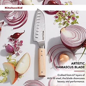 KitchenAid Premium 5-Inch Forged Santoku Knife - AUS-10 Damascus Steel Blade, Triple Rivet Pakkawood Handle, Sharp Kitchen Knife, Natural