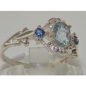 LetsBuyGold 925 Sterling Silver Natural Aquamarine and Sapphire Womens Promise Ring - Size 7.5