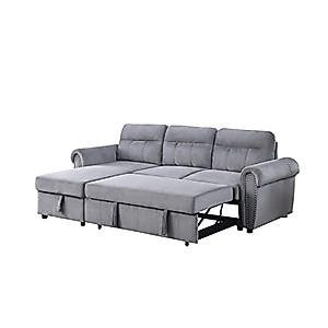 FANYE L-Shaped Oversized Reversible Convertible Tufted Sleeper Sectional Sofa with Pull Out Sleeper Couch Bed,Nailhead Decor Armrests and Storage Chaise for Living Room, Grey Velvet Sofabed
