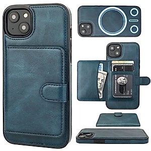 Bocasal Wallet Case for iPhone 14 Compatible with MagSafe Magnetic RFID Blocking Detachable Premium PU Leather Flip Case with Card Slots Holder Kickstand Wireless Charging 6.1 Inch (Blue)