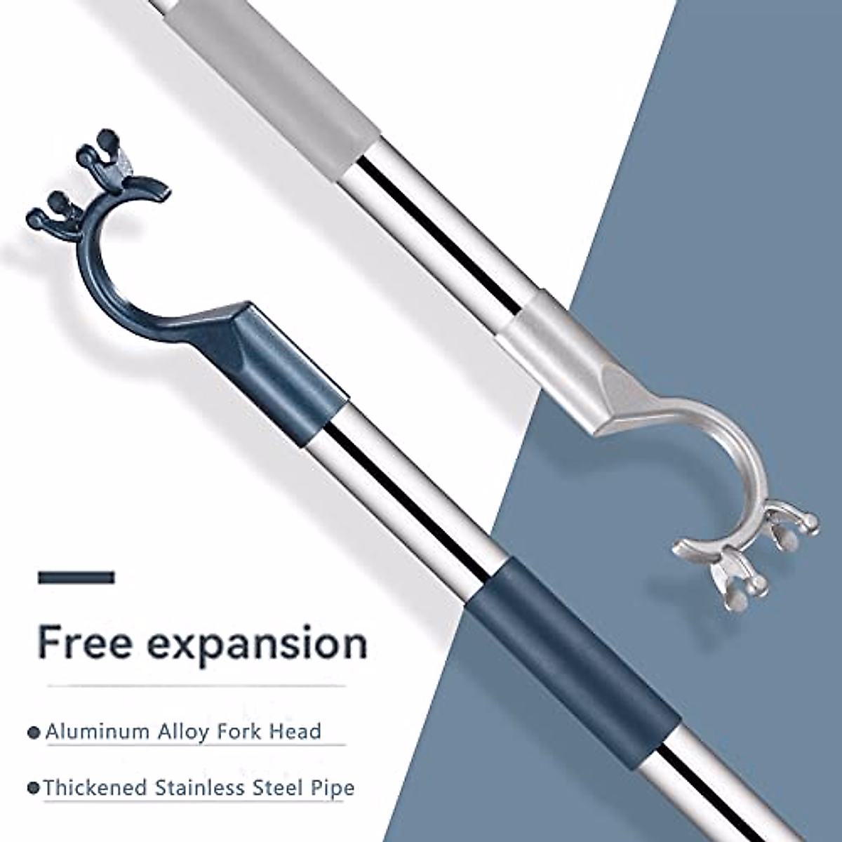 Retractable Long Pole with Hook Telescoping Closet Pole 33"-56" Adjustable Christmas Light Reaching Pole Extendable Reach Stick Clothing Hanger Pole for High Area, Shelf, Closet Top (Blue)