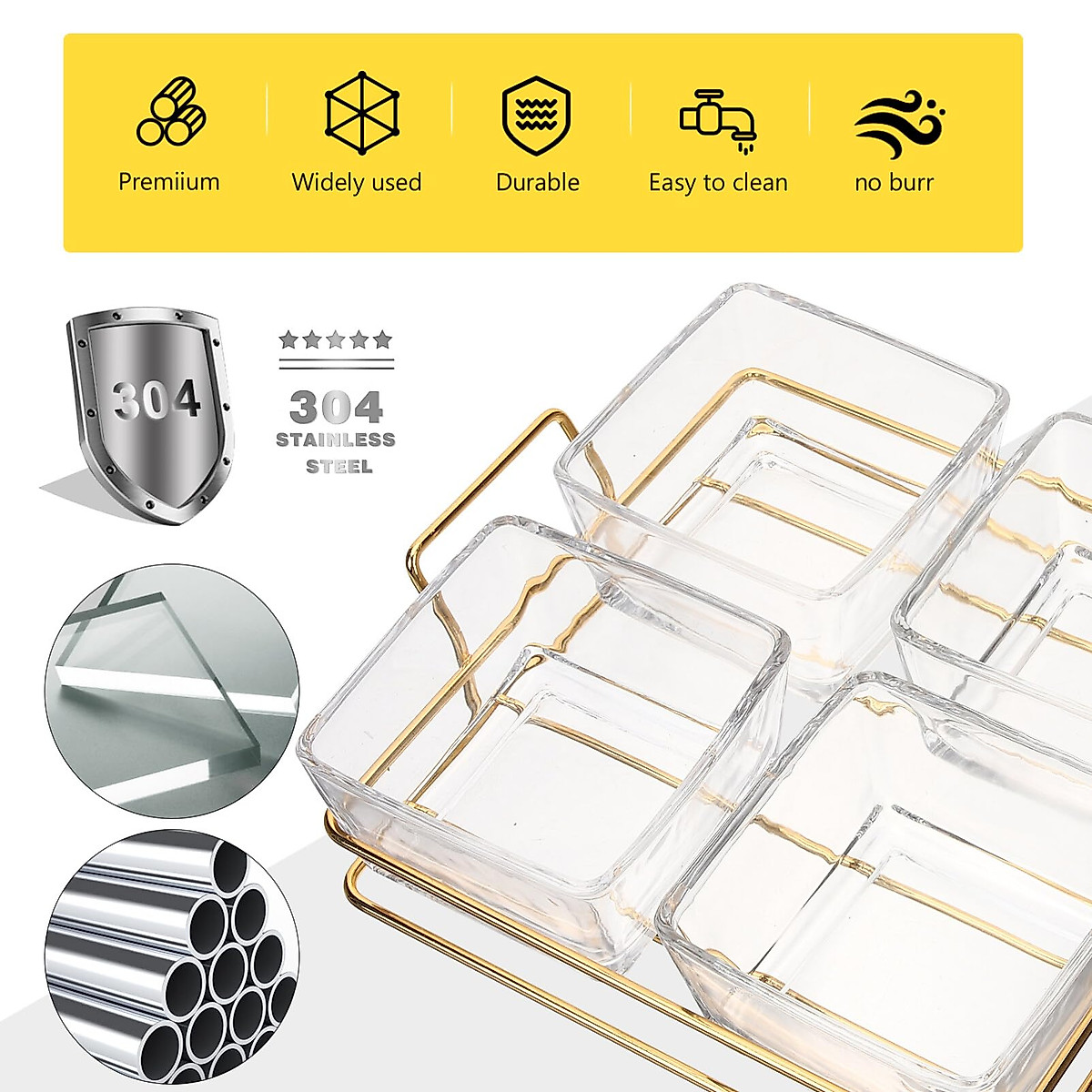 iplusmile Snack Bowl With Metal Tray, 4 Removable Dip Bowls Glass Fruit Tray Divided Appetizer Condiment Serving Bowls for Dessert Nuts Snacks Candy Chips Party Supplies