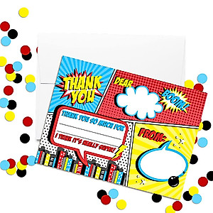 Comic Book Super Hero Birthday Thank You Notes, Ten 4" x 5.5" Fill In The Blank Cards with 10 White Envelopes by AmandaCreation