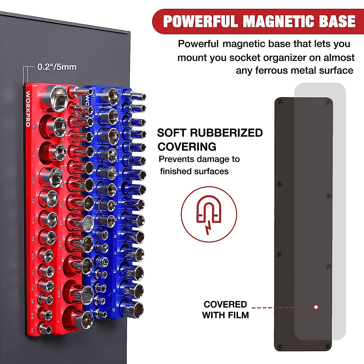 WORKPRO 3/8-inch Magnetic Socket Organizer Set, 2-Piece SAE & Metric Socket Holders, Holds 56 Standard and Deep Sockets for Tool Box, Tool Carts (Sockets Not Included)