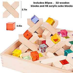 Agirlgle Wooden Rainbow Building Blocks Cube Gem Stacking Blocks Toy - Colorful Montessori Rainbow Stacker Toy Elegant Wood Rainbow Cube Blocks- Acrylic Blocks Educational Toys for Toddlers- 80Pcs