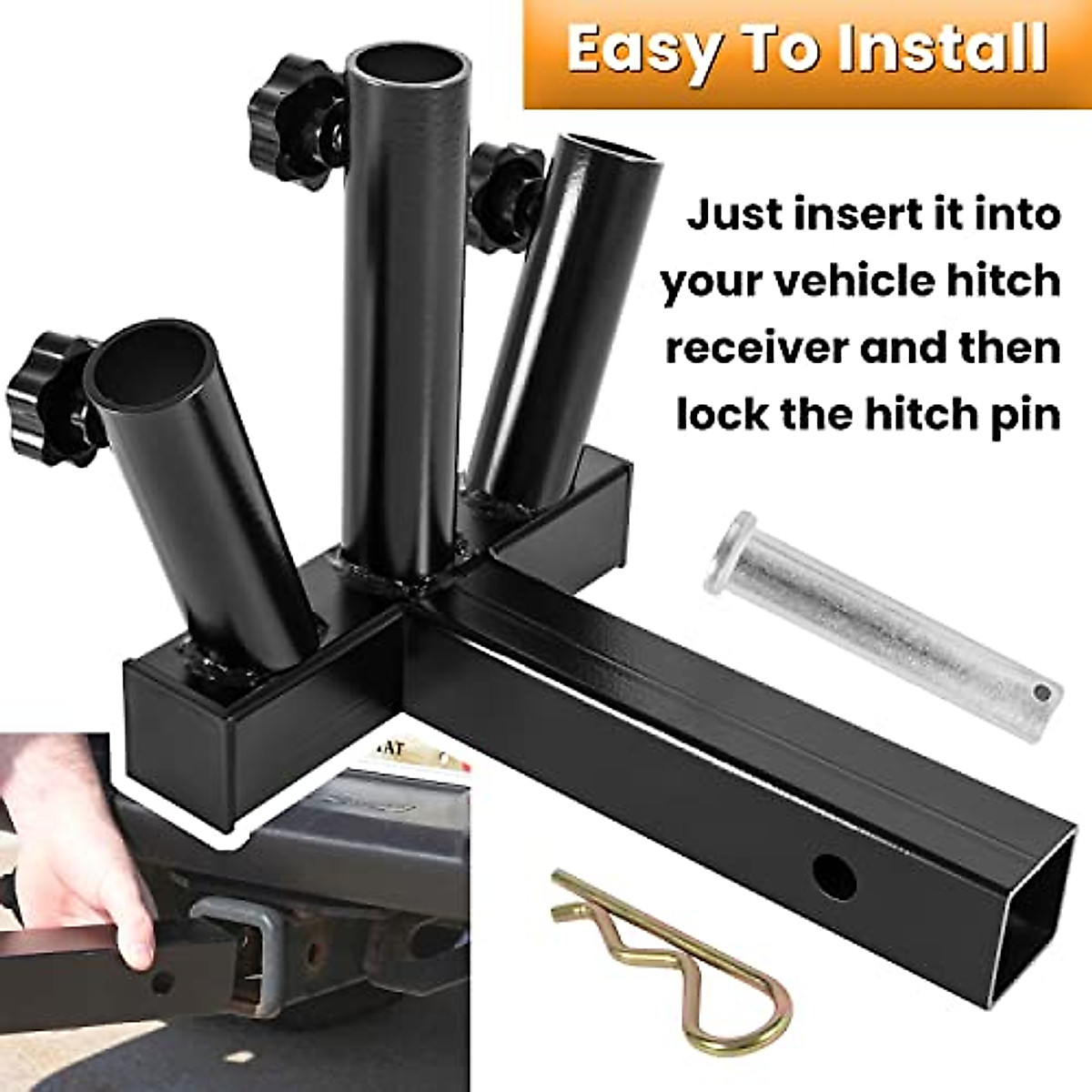 Universal Hitch Mount 3 Flag Pole Holder for Jeep SUV RV Pickup Car Truck Camper Trailer with Standard 2 inch Hitch Receivers Bracket with Anti-Wobble Screw (Black 3 Flagpoles)