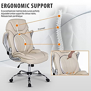 Comermax Modern Executive Office Chairs with Lumbar Support, 90-120° Rocking Managerial Chair Ergonomic PU Leather Home Office Desk Chairs with Wheels, Flip-up Arms & Back Support (White)