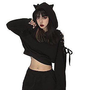 YANOOLH Women Cat Ear Hoodies Long Sleeve Off Shoulder Cute Crop Top Pullover Hoodie Sweatshirt Black L