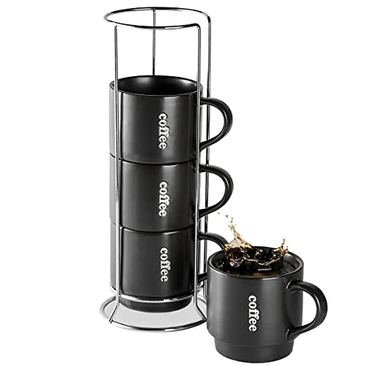 LAUCHUH Stackable Coffee Mug Set with Rack - 15 Ounce for Coffee, Tea, Cocoa, Milk, Set of 4, Father Day Gifts, Black Matte,Black