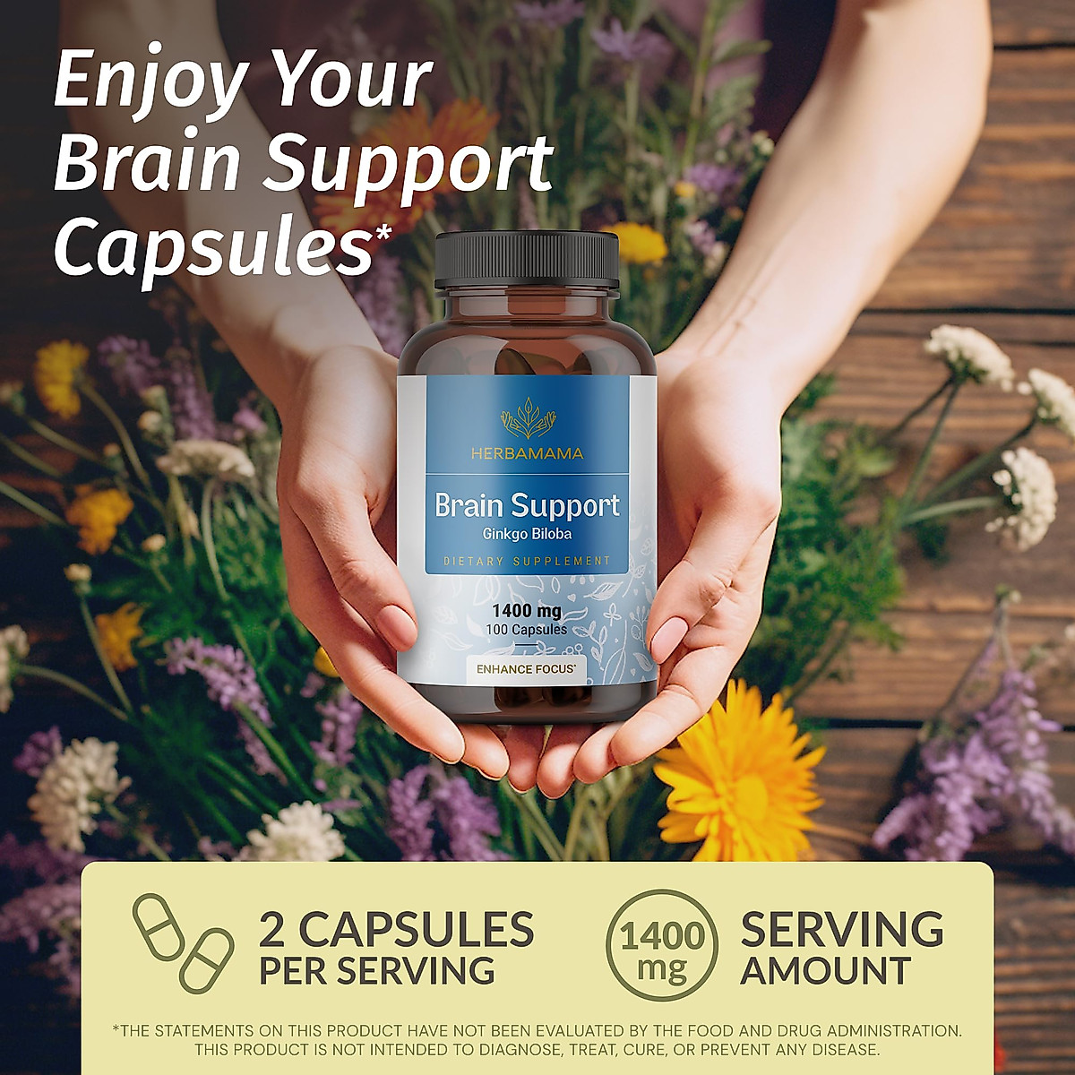 HERBAMAMA Brain Support Capsules - 1400mg Energy and Brain Support Supplement for Adults with Bacopa, Panax Ginseng and Ginkgo Biloba - Vegan, Non-GMO Focus Supplement, 100 Caps