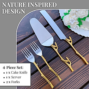 Heartfelt Homie Wedding Cake Knife and Server Set - 4 PC Cake Cutting Set with Gold Twig Leaf Handles - Pie server, Cake knife, Engraved forks for Wedding Cake Cutting - Engagement, Bridal Gifts