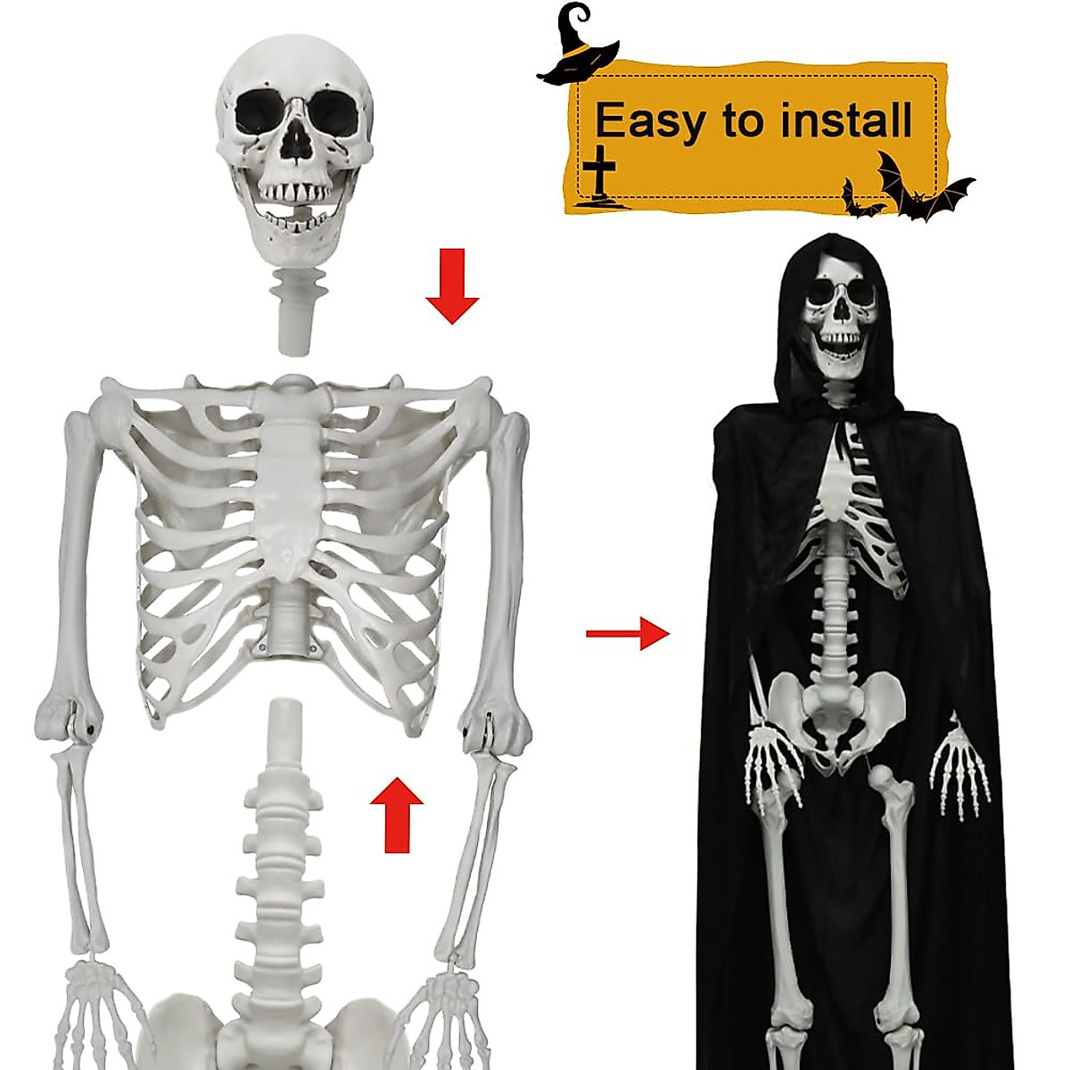 UMEELR 5.4ft/165cm Halloween Skeleton, Poseable Full Size Skeleton with Black Cloak, Life Size Human Bones for Halloween Front Yard Patio Lawn Garden