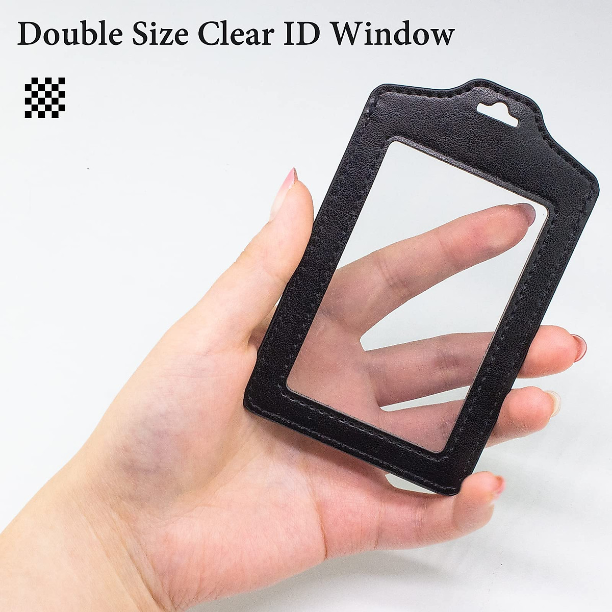 Teskyer 2 Pack of Double Sided Clear Badge Holder with Lanyard, PU Leather ID Badge Name Card Holder with Stainless Steel J-Hook Nylon Lanyard for Work ID, School ID, Metro Card, Access Card, Black